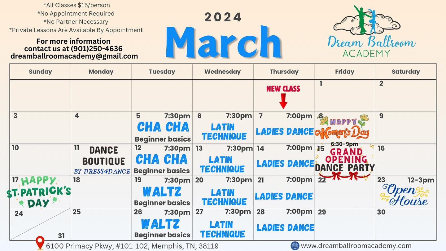 March Calendar - Dance Studio in Memphis, TN