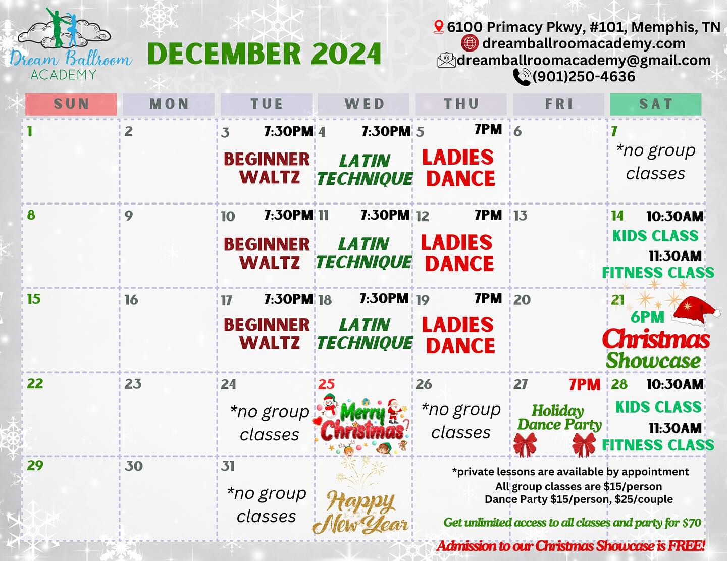 December Calendar - Dance Studio in Memphis, TN